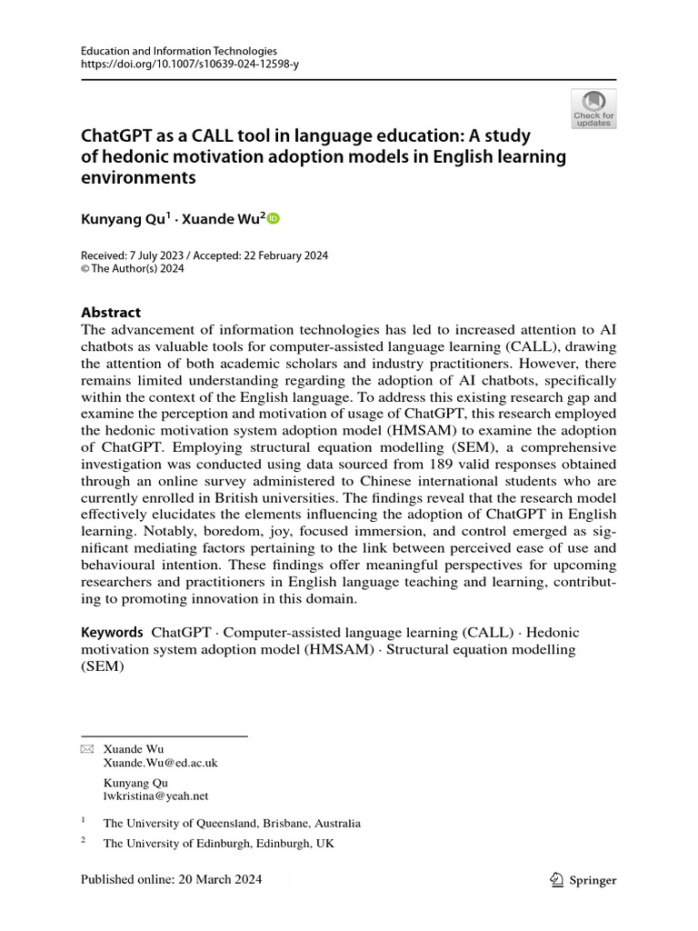 ChatGPT As A CALL Tool in Language Education - A Study of Hedonic Motivation Adoption Models in ...