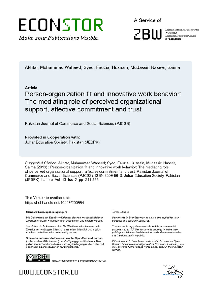 Person-Organization Fit and Innovative Work Behavior: The Mediating ...