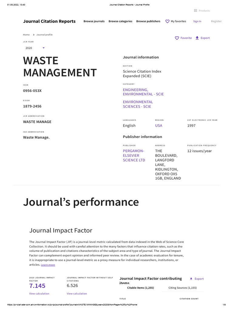 Journal Citation Reports - Waste Management | PDF | Science | Publishing