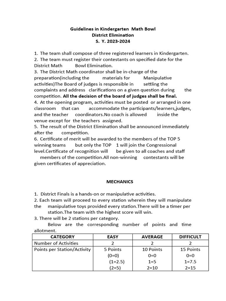 Kindergarten Math Bowl Guidelines | PDF