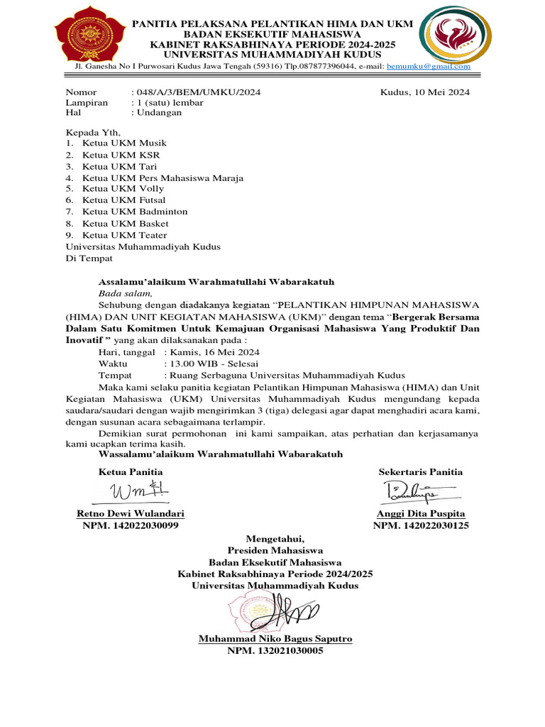Undangan Pelantikan HIMA dan UKM 2024 | PDF