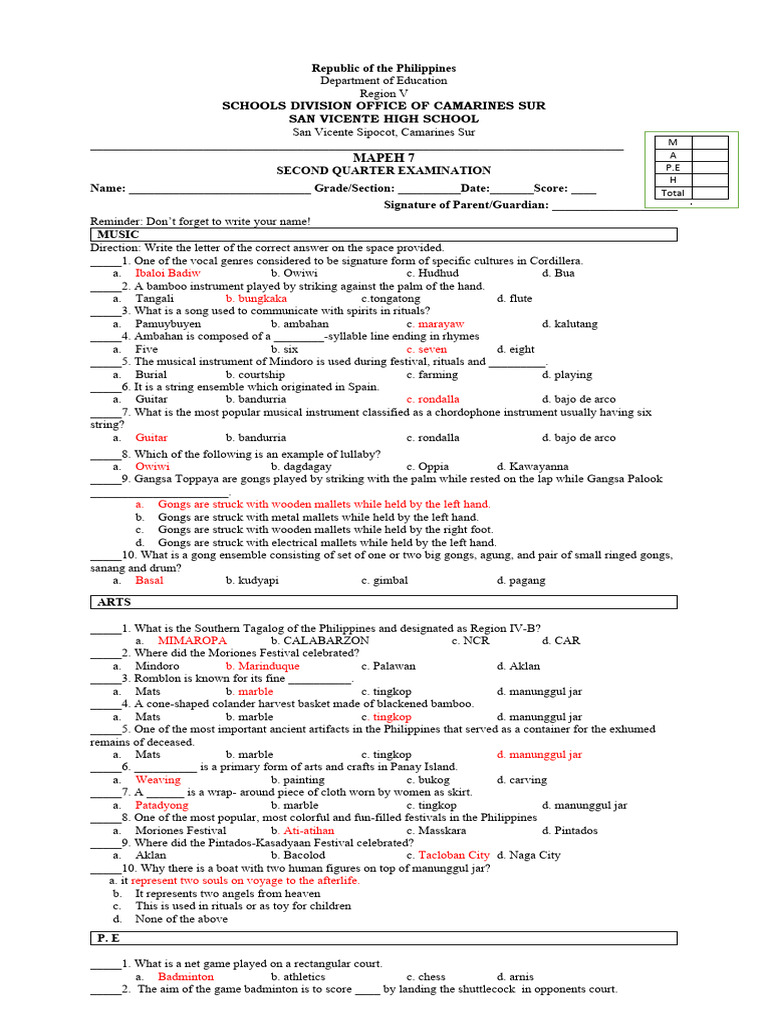 MAPEH 2NQ Quarter EXAM - Key | PDF | Language Arts & Discipline