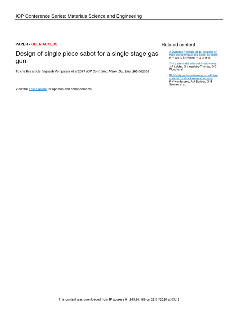 Design of Single Piece Sabot For A Single Stage Gas Gun | PDF ...