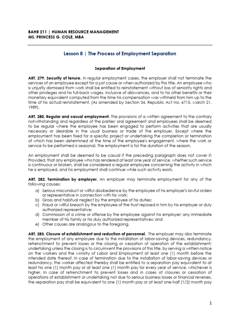 Lesson 8 The Process of Employment Separation | PDF | Employment | Layoff