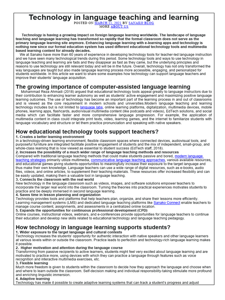Technology in Language Teaching and Learning | PDF | Educational ...