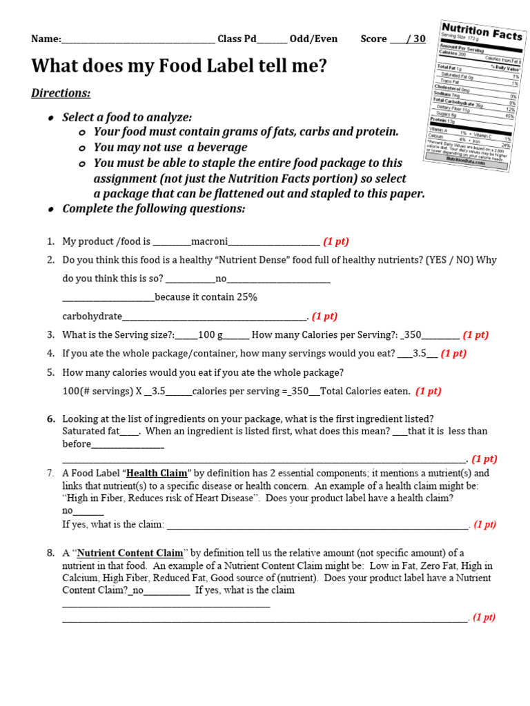 Food Label Analysis Worksheet | PDF | Nutrition Facts Label | Calorie