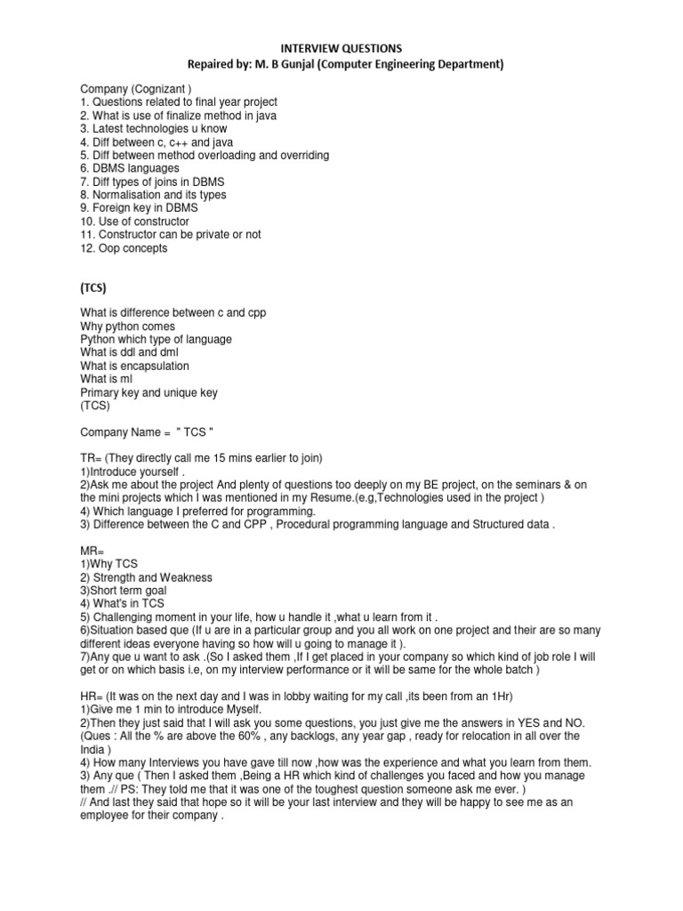 Interview Questions for Cognizant and TCS | PDF | Object Oriented Programming | Databases