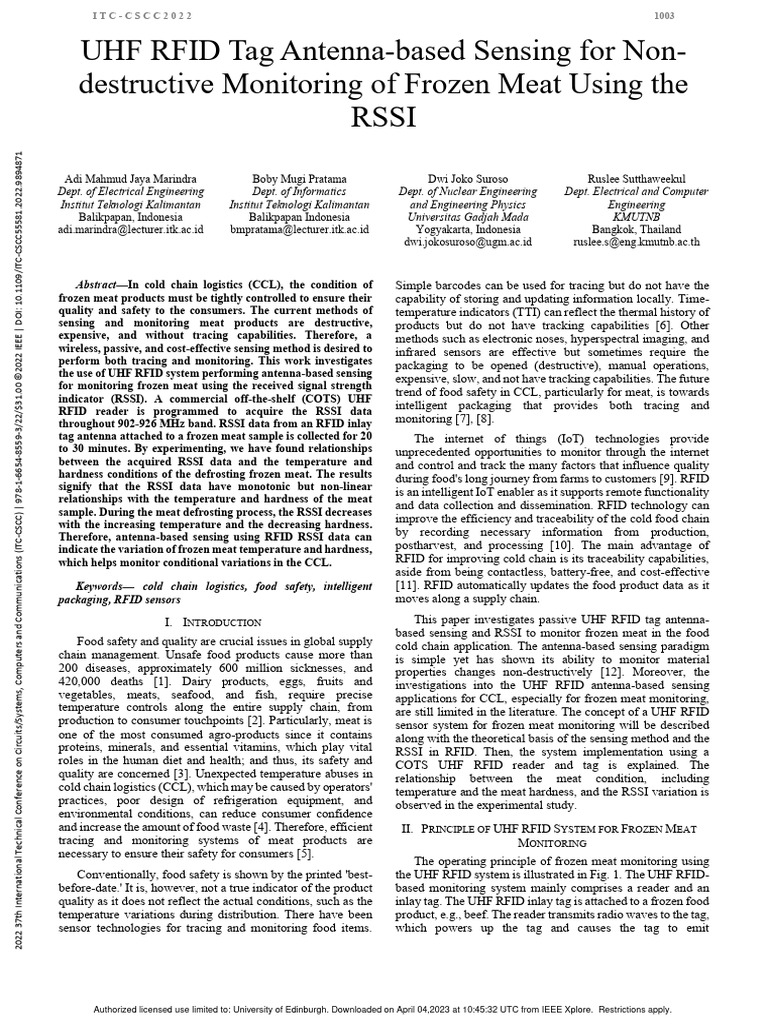 UHF RFID Tag Antenna-Based Sensing For Non-Destructive Monitoring of Frozen Meat Using The RSSI ...