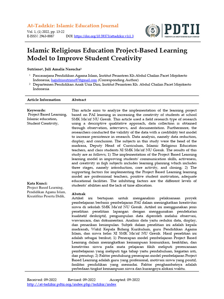 Islamic Religious Education Project-Based Learning Model To Improve Student Creativity | PDF ...