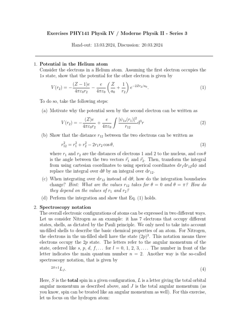Exercises 3 Pdf Electron Configuration Energy Level