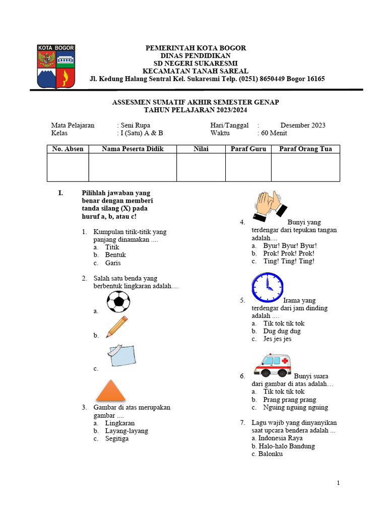 Asesmen Sumatif SMT 1 Seni Rupa Kelas 1 SD | PDF