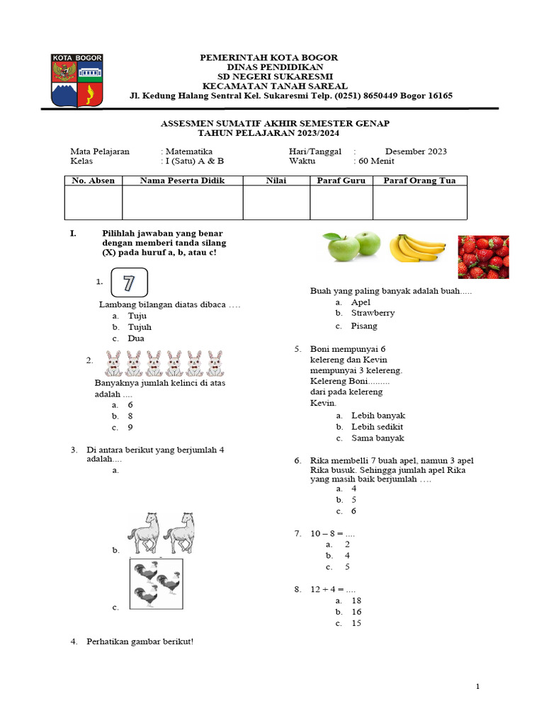 Asesmen Sumatif SMT 1 MTK Kelas 1 SD | PDF