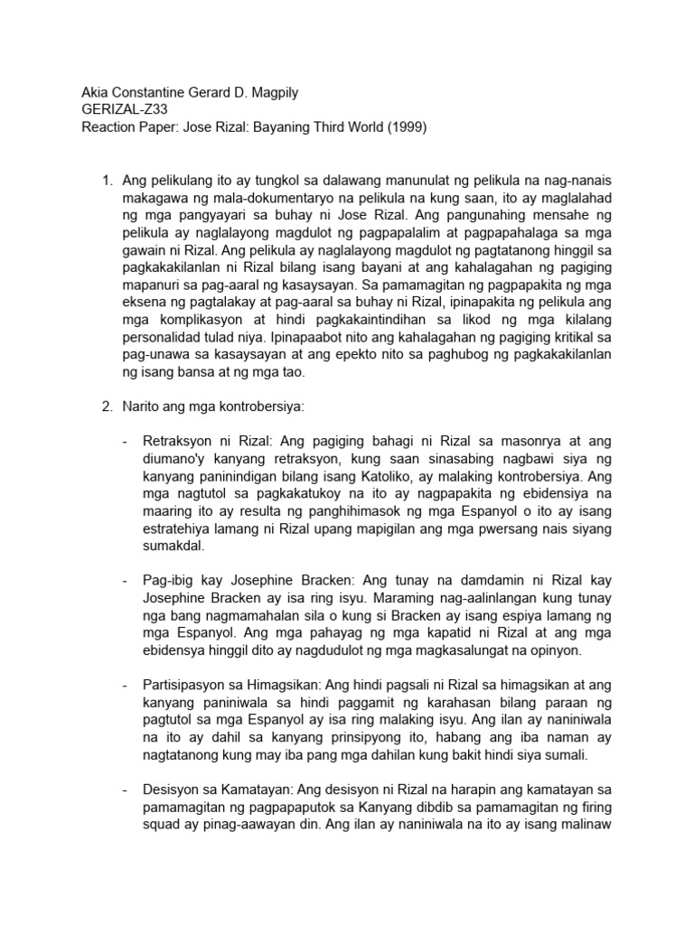 Reaction Paper 3rd World And Jose Rizal PDF