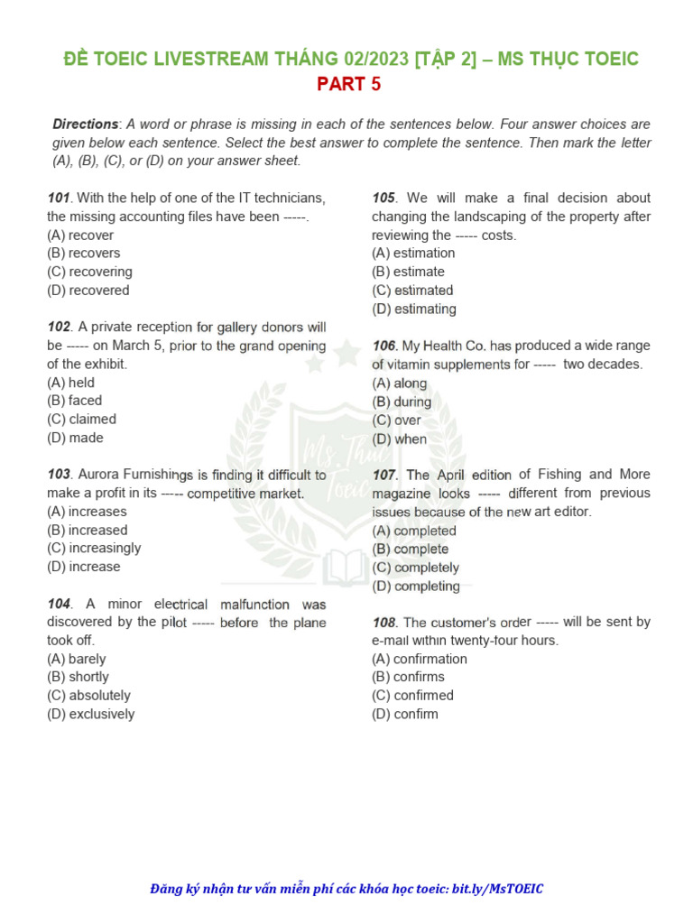 ĐỀ TOEIC LIVESTREAM THÁNG 02.2023 p5 [1] final | PDF