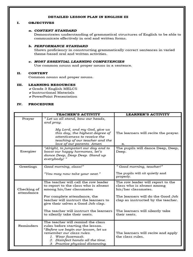 English 3 - Common Nouns and Proper Nouns Sample Lesson Plan | PDF ...