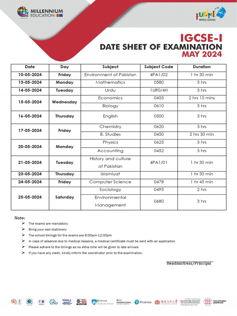 IGCSE I Date Sheet May 2024 REVISED | PDF | Muhammad | Chemical Bond