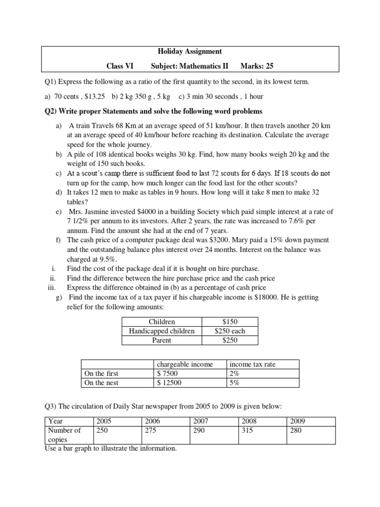 Holiday Assignment Class 6 Maths 2 | PDF | Interest | Taxes