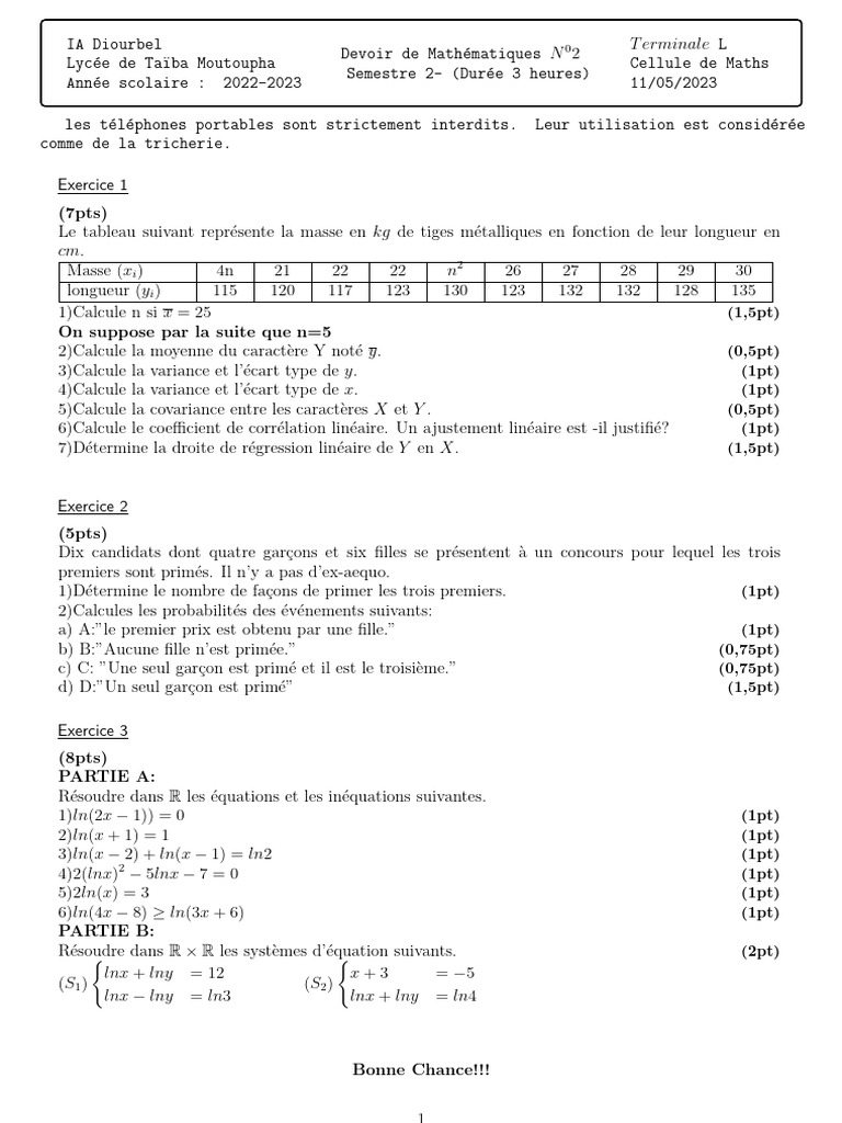 Devoir TL-SEM2 2022 2023 Maths | PDF | Ajustement affine | Mathématiques appliqués