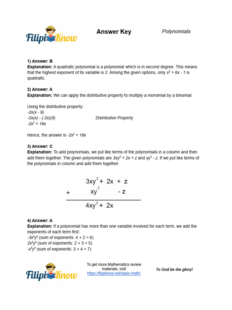 Polynomials Answer Key | PDF