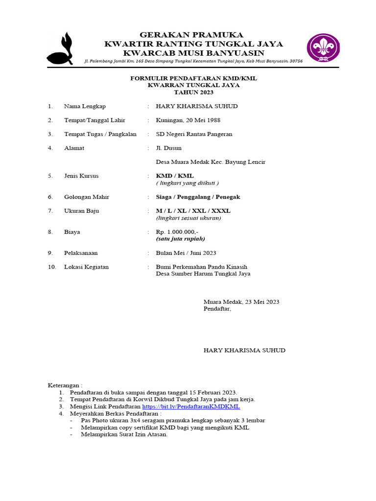 Formulir Peserta KMD Dan KML Kwarran Tungkal Jaya 2023 | PDF