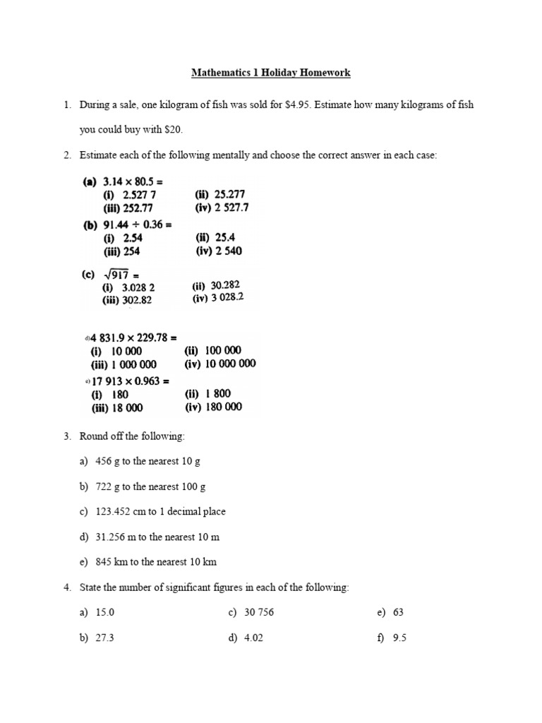 Mathematics 1 Holiday Homework | PDF | Significant Figures | Arithmetic