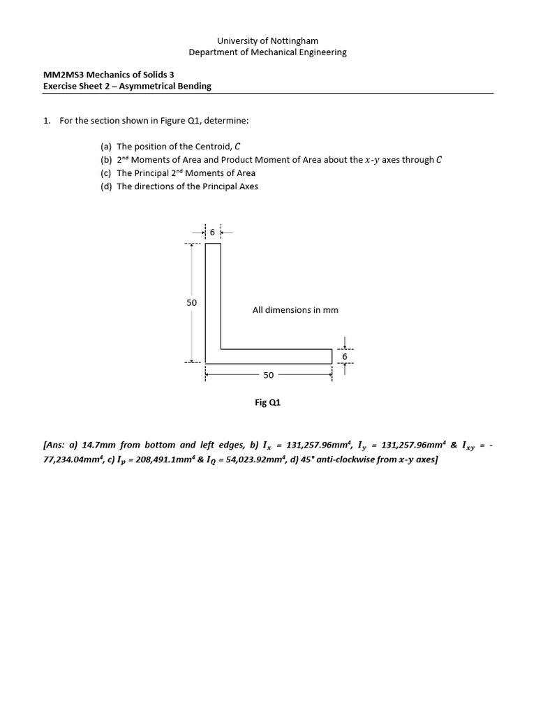 Asymmetrical Bending Exercise Sheet | PDF | Bending | Solid Mechanics