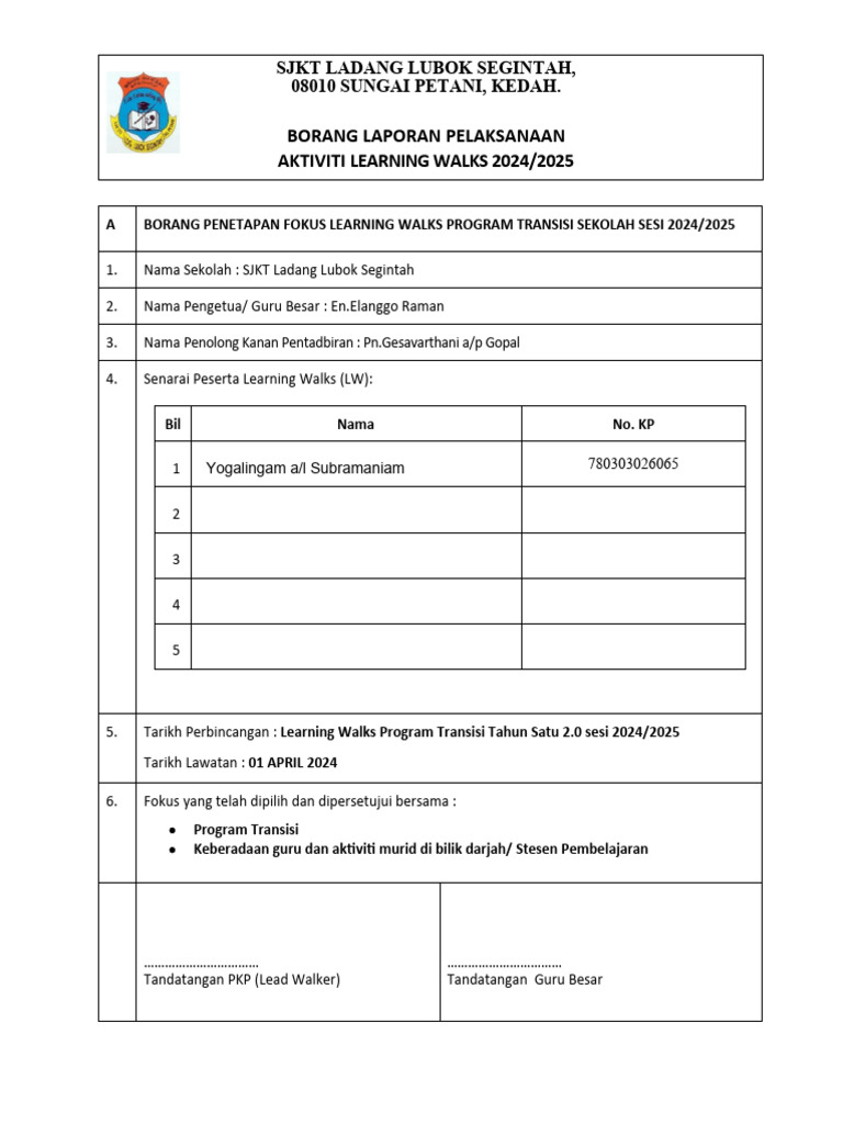 Borang Learning Walk | PDF