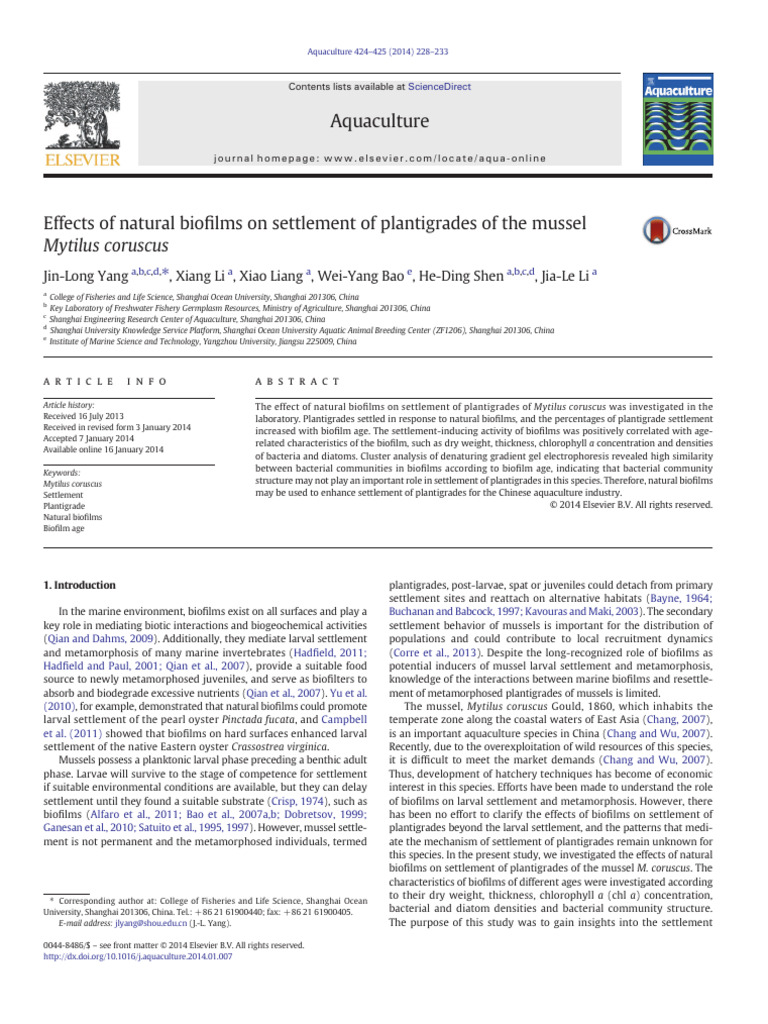 Yang Et Al - Effects of Natural Biofilm On Settlement of Plantigrades ...