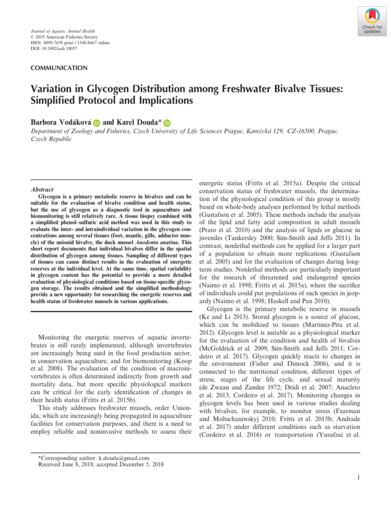Variation in Glycogen Distribution Among Freshwater Bivalve Tissues Simplified Protocol and ...