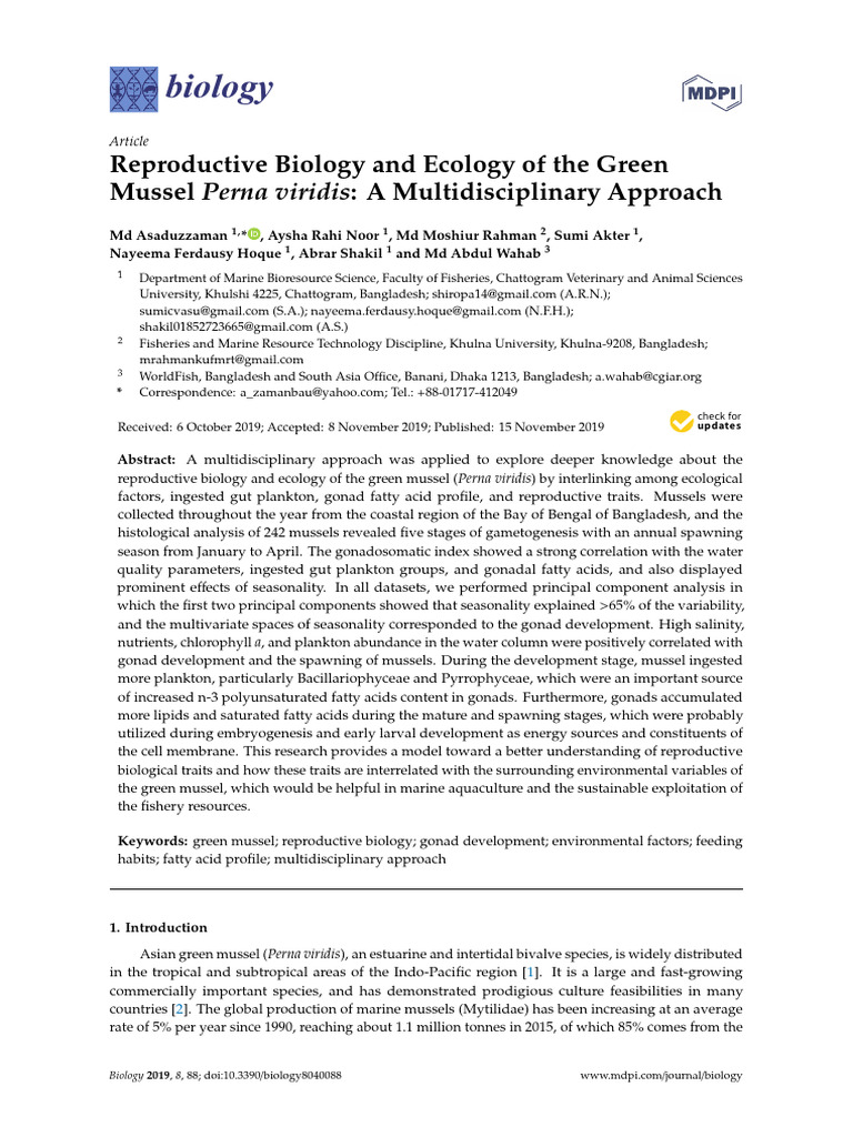 Reproductive Biology and Ecology of The Green Mussel Perna Viridis A ...