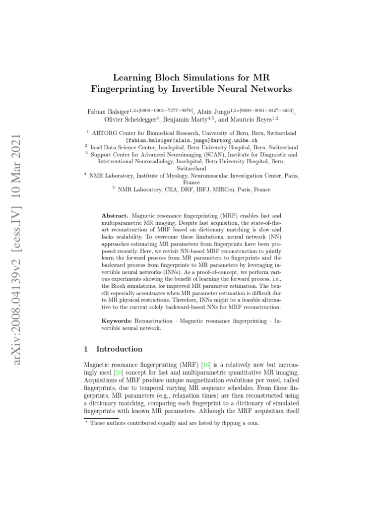 Learning Bloch Simulations For MR Fingerprinting by Invertible Neural Networks | PDF