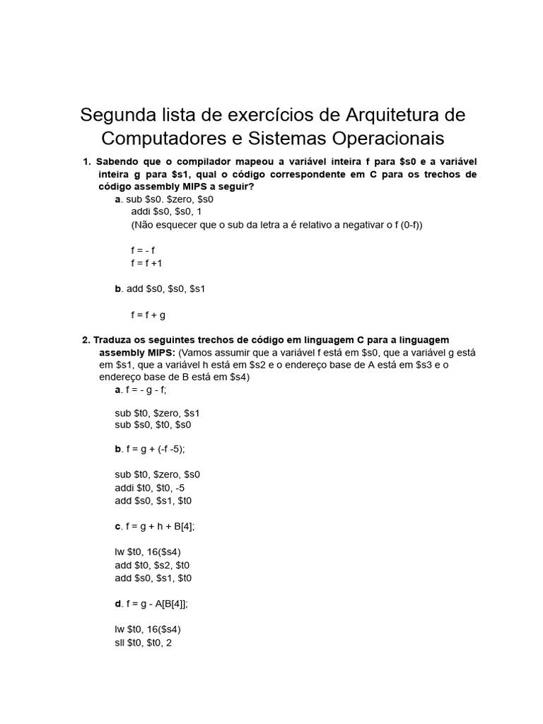 Lista de Exercícios 2 - ArqComp | PDF | Linguagem Assembly | Desenvolvimento de software