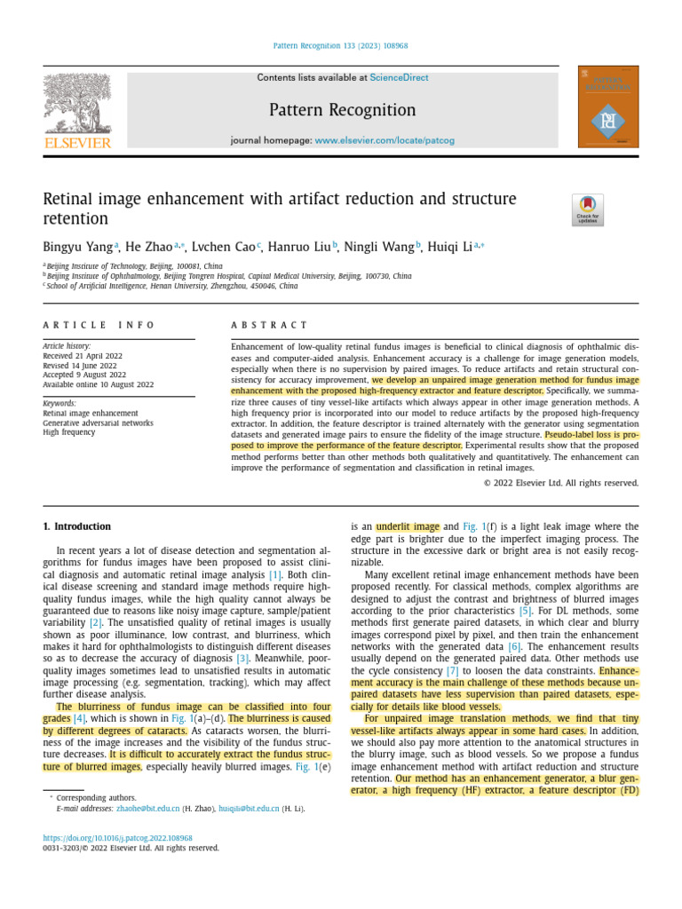 2023 - Retinal Image Enhancement With Artifact Reduction and Structure Retention | PDF | Image ...