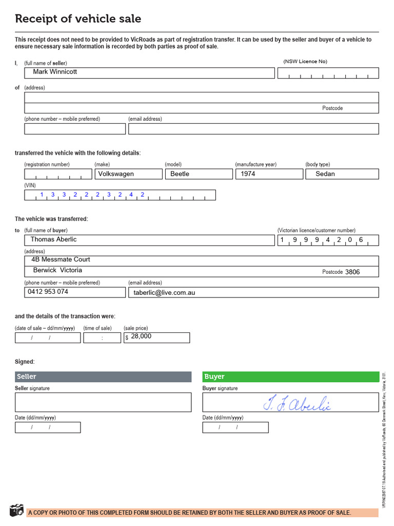 VicRoads Vehicle Sale Receipt Template | PDF | Sales | Automotive Industry
