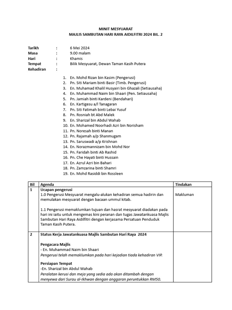 MINIT MESYUARAT Jamuan Raya 2024 Bil 2 | PDF