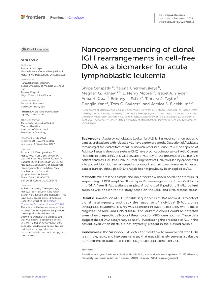 Nanopore Sequencing of Clonal IGH Rearrangements in Cell-Free DNA As A Biomarker For Acute ...