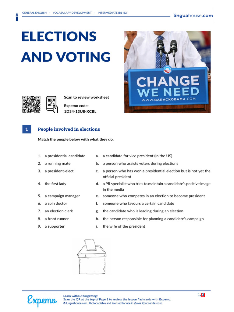 Intermediate Vocabulary: Elections & Voting | PDF | Voting | Elections