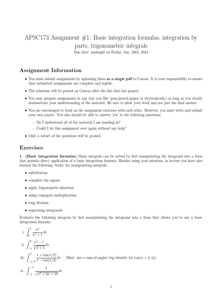 APSC173 Assignment1 Solution | PDF | Integral | Trigonometric Functions