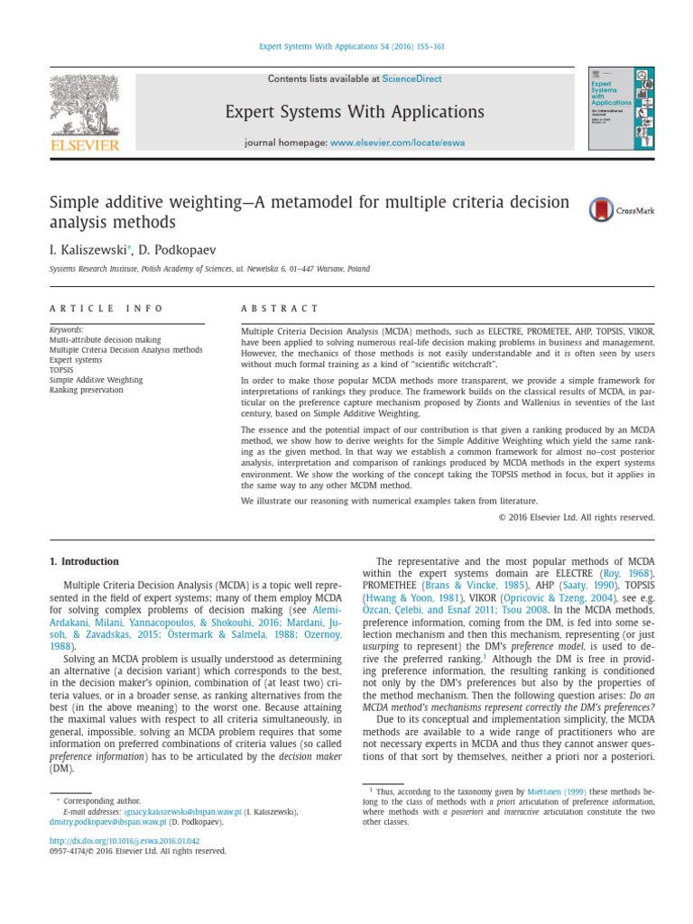 Simple Additive Weighting in MCDA | PDF | Matrix (Mathematics ...