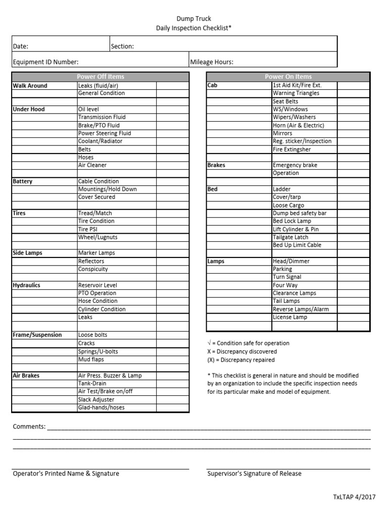 Dump Truck General Daily Inspection Checklist | Download Free PDF ...
