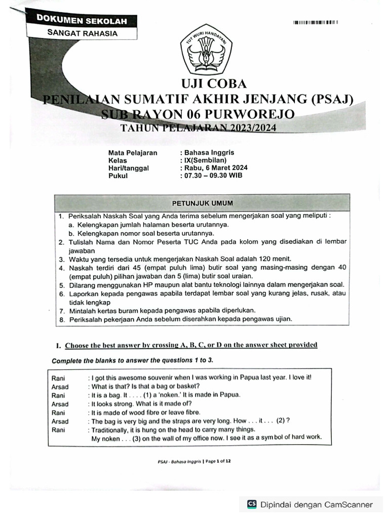 Uji Coba PSAJ Bahasa Inggris | PDF