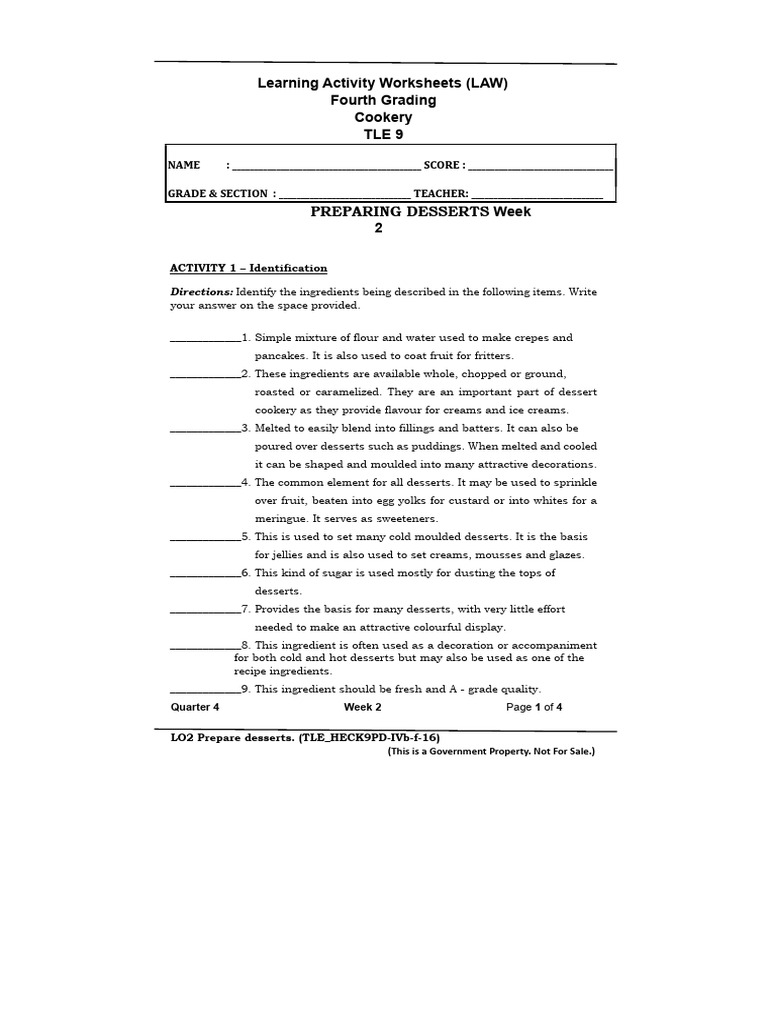Activity Sheet Tle | PDF | Desserts | Foods