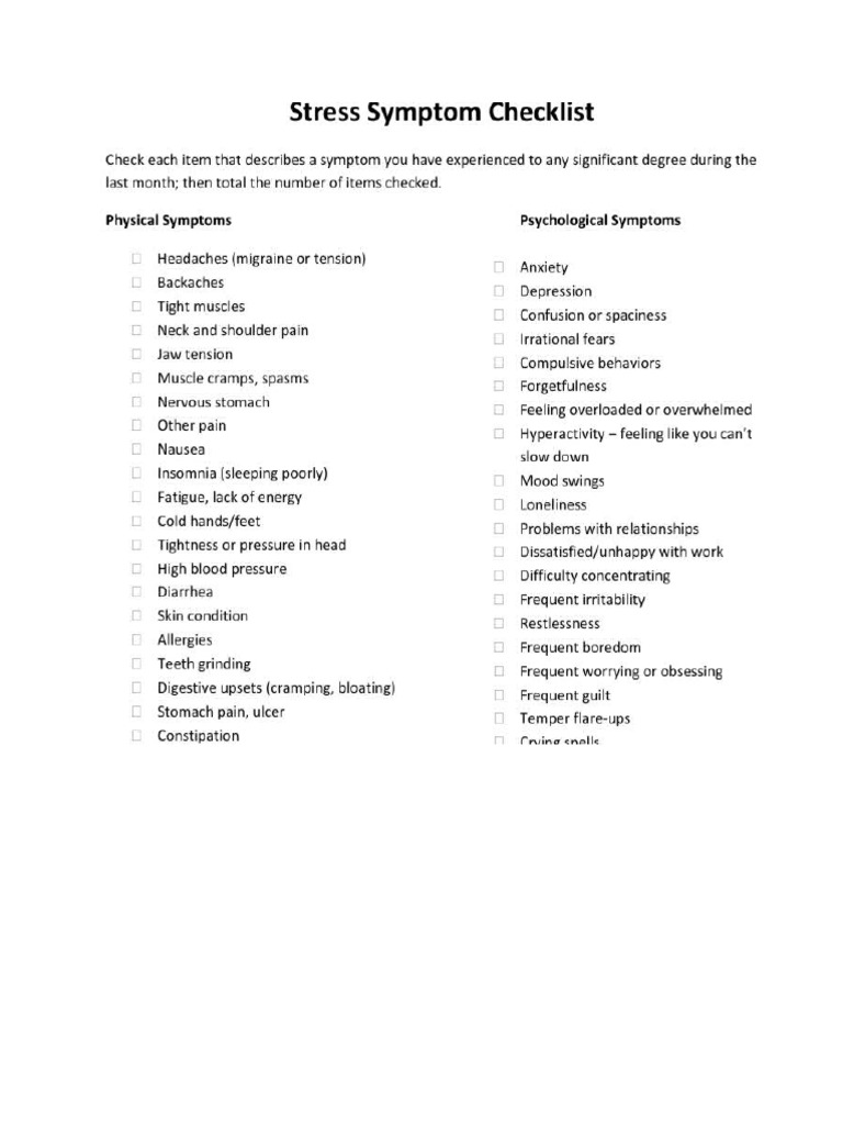 Stress Symptom Checklist | PDF
