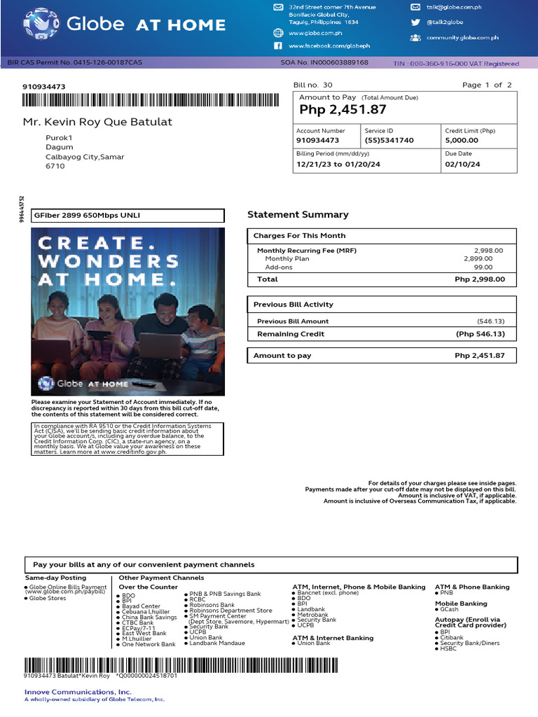 Globe Fiber Bill Statement for Kevin Batulat | PDF | Automated Teller ...