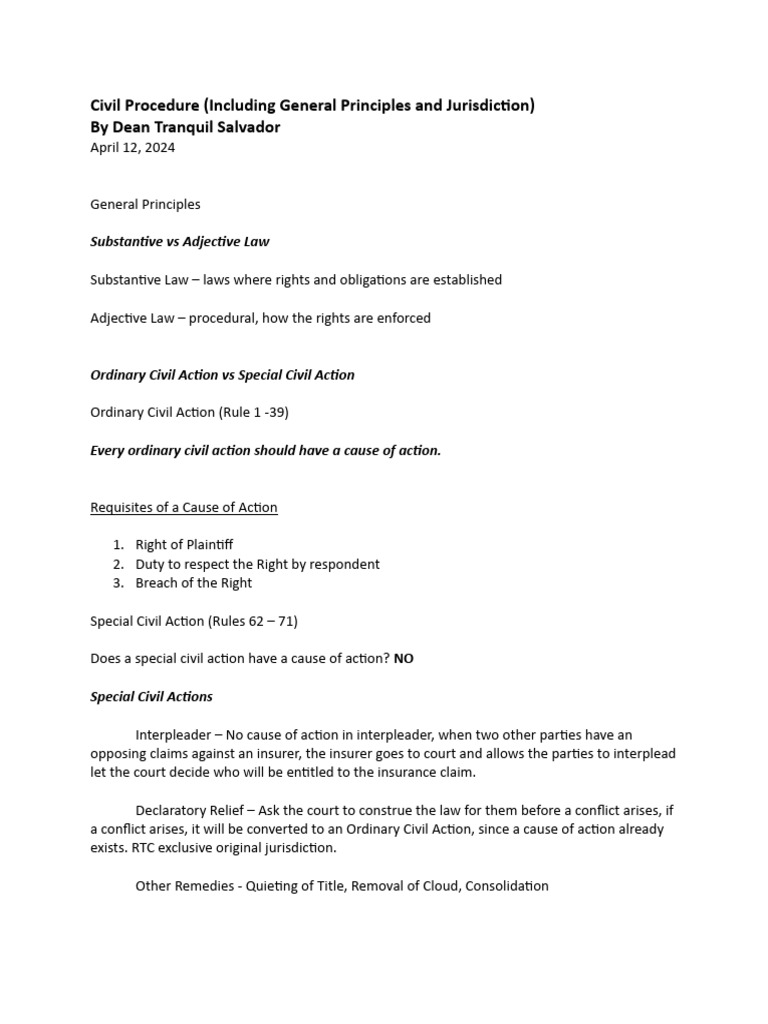 Civil Procedure Notes | PDF | Jurisdiction | Lawsuit