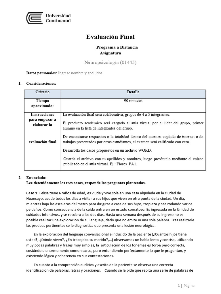 Evaluacion Final - Neuro - 2023-2 | PDF | Diagnostico medico | Neurología