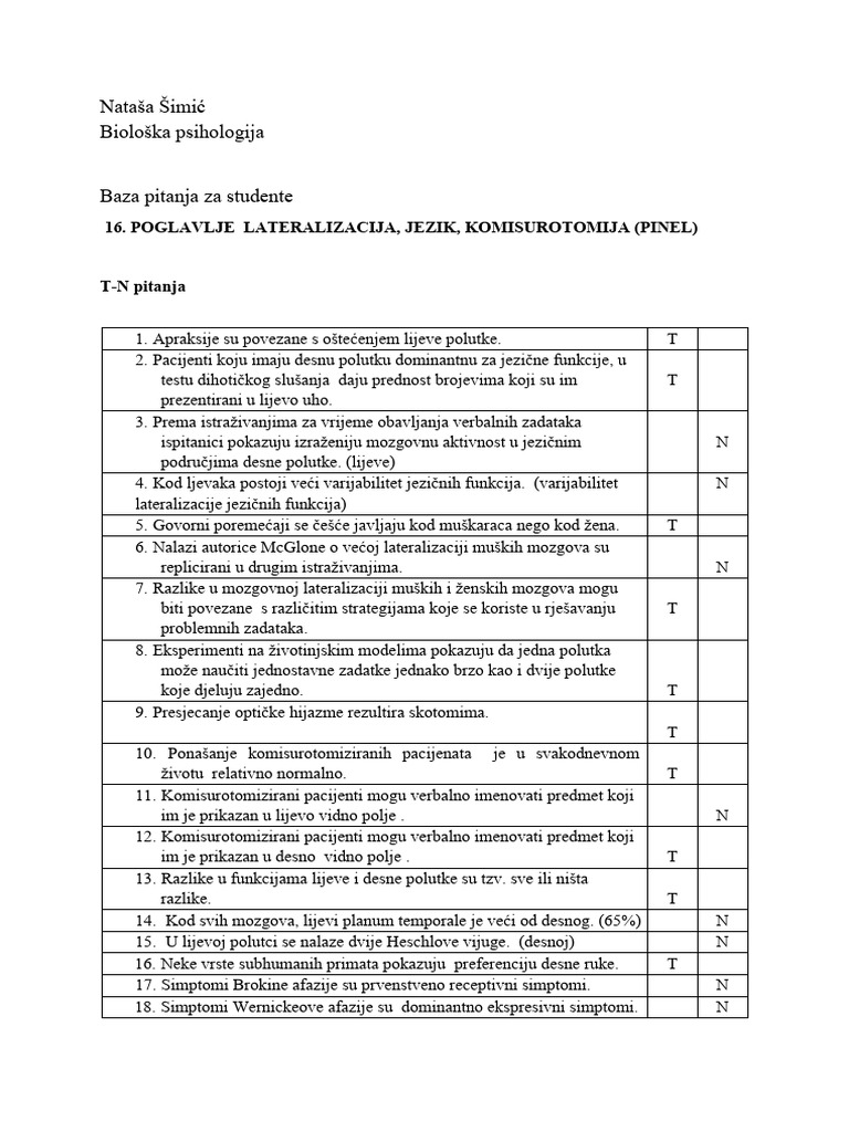 Baza Pitanja 3 Lateralizacija Jezik Komisurotomija Za Studente | PDF