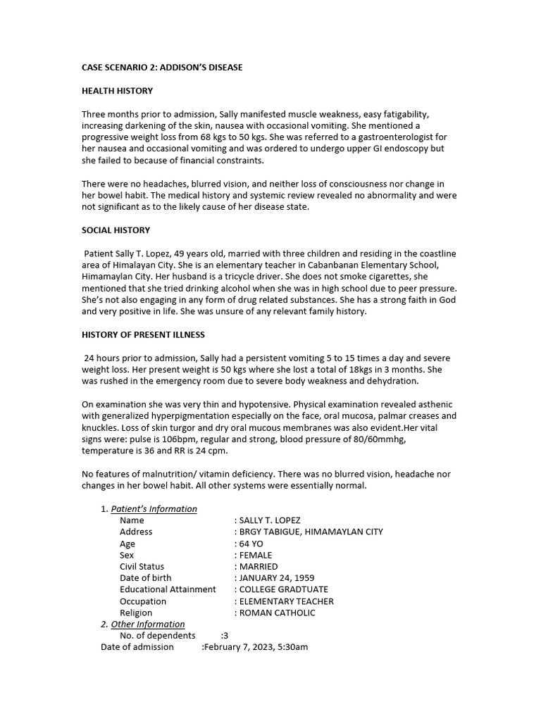 Case Scenario 2 Addisons Disease | PDF | Nausea | Clinical Medicine