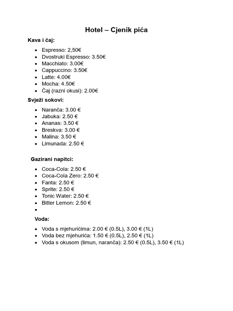 Hotel Drink Menu Prices | PDF