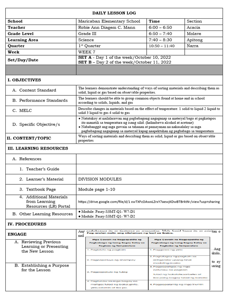 Daily-Lesson-Log - Science - Week7 - Monday and Tuesday | PDF ...